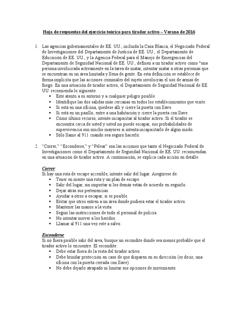 Fema Scenario-1 Active-Shooter Ttx-Answer-Key Spanish | PDF