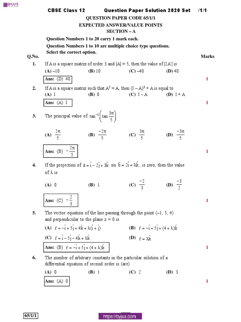 CBSE Class 12 Maths Question Paper Solution 2020 Set 65-1-1 | PDF ...