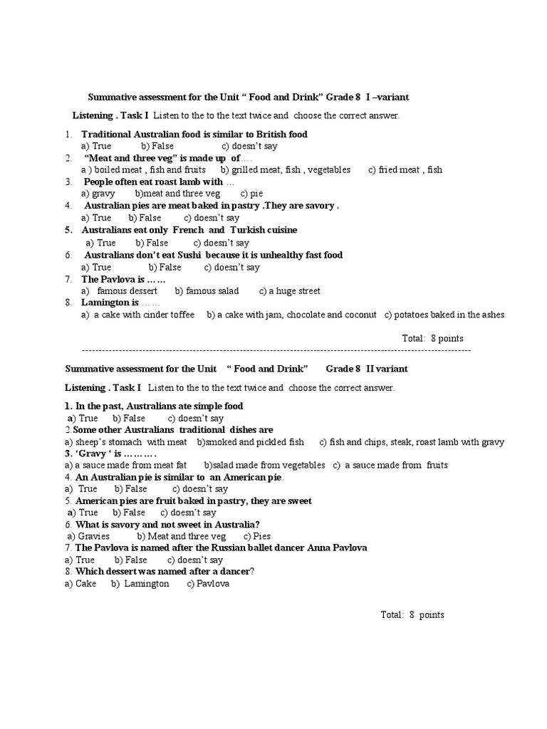 Summative Assessment Food and Drink | PDF | Lamb And Mutton | Desserts