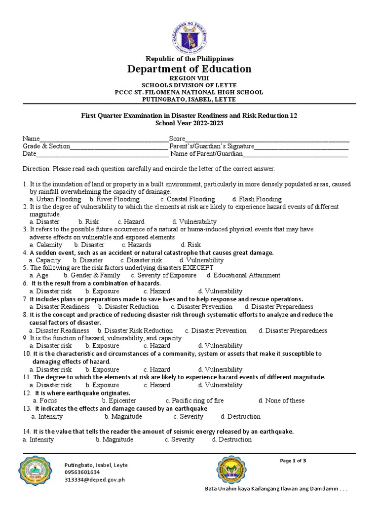 1st Q Examination in DRRR Final | PDF | Tropical Cyclones | Flood