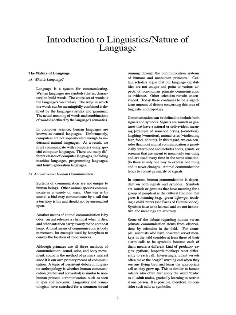 Introduction To Linguistics - Nature of Language (Handout) | PDF ...