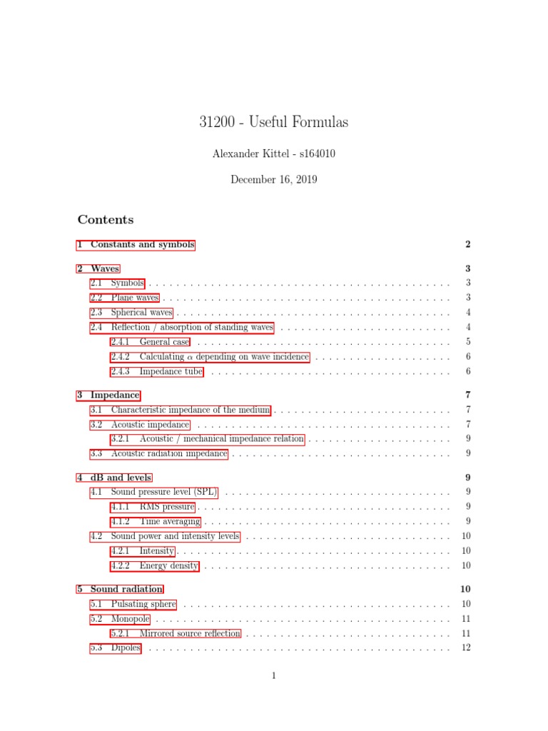 Formulas Sheet - Fundamental of Acoustics | PDF | Physical Phenomena ...