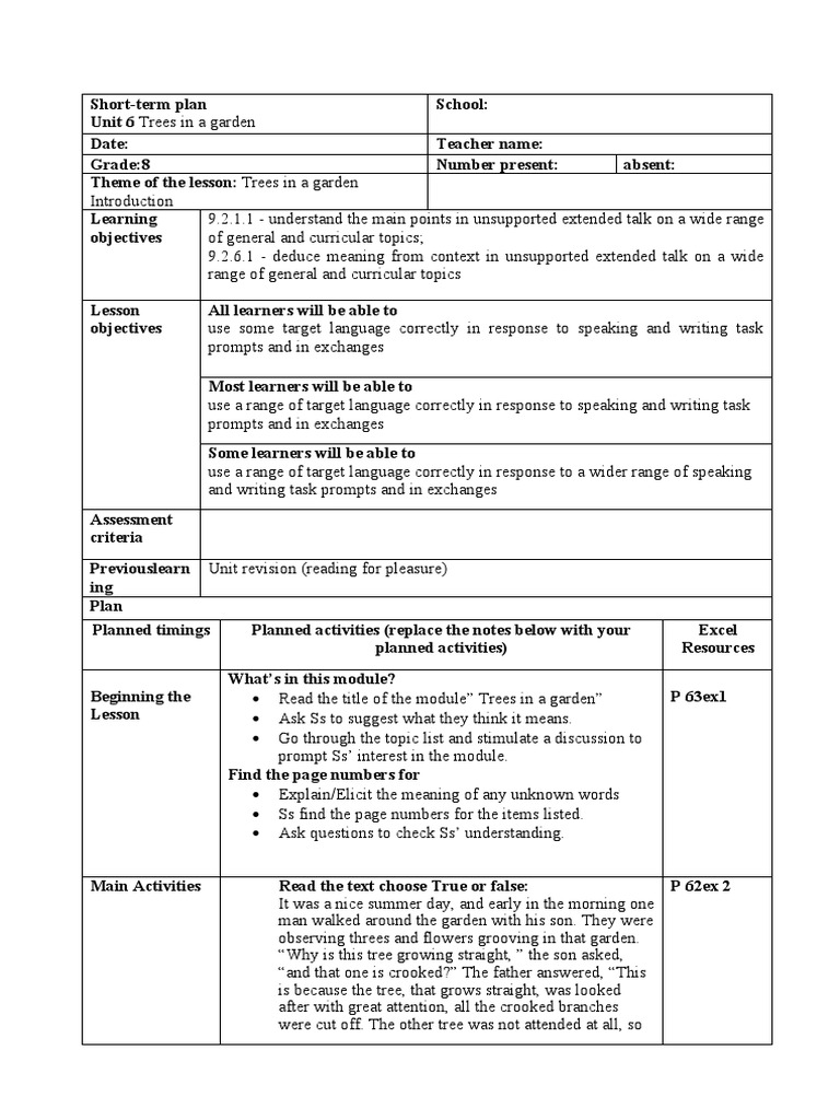 Lesson Plan Trees in A Garden | PDF | Learning | Second Language