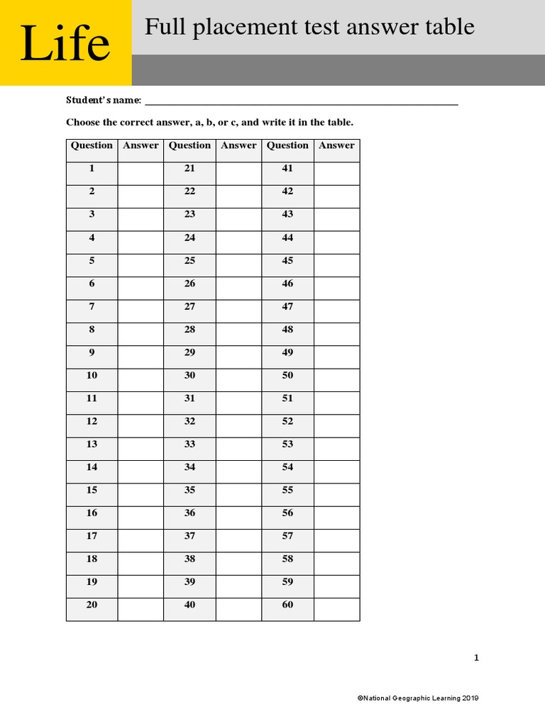 Placement Test Answer Table | PDF | Learning | Tests