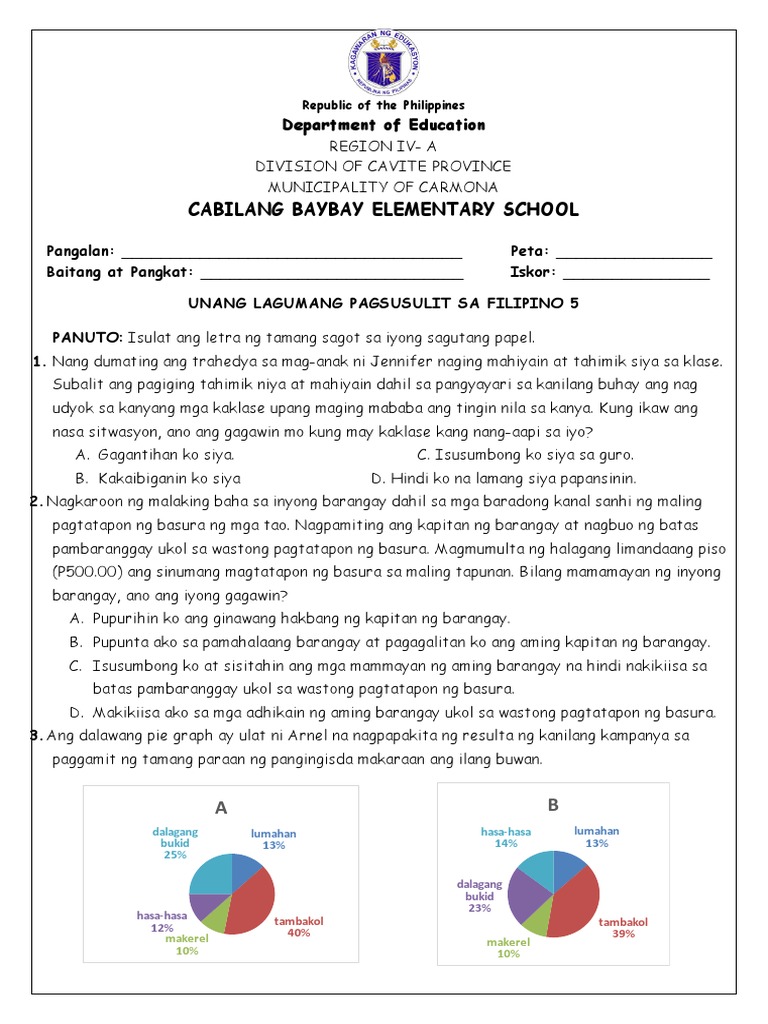Revised Unang Lagumang Pagsusulit Sa Filipino 5 | PDF Revised Unang Lagumang Pagsusulit Sa Filipino 5 | PDF