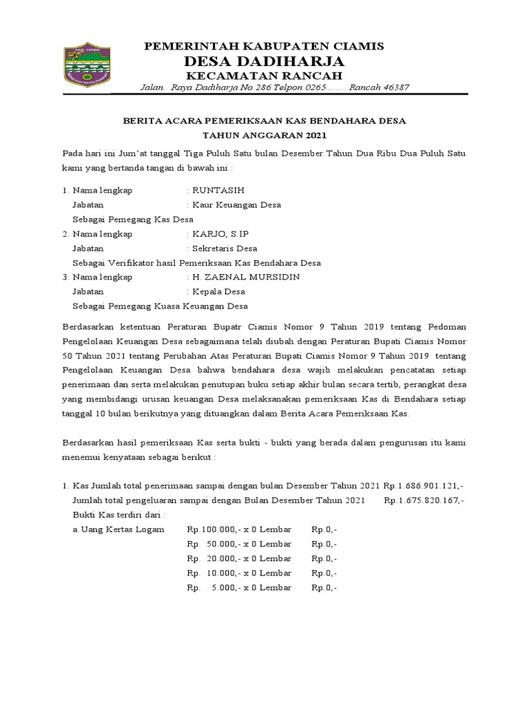 Contoh BERITA ACARA PEMERIKSAAN KAS | PDF