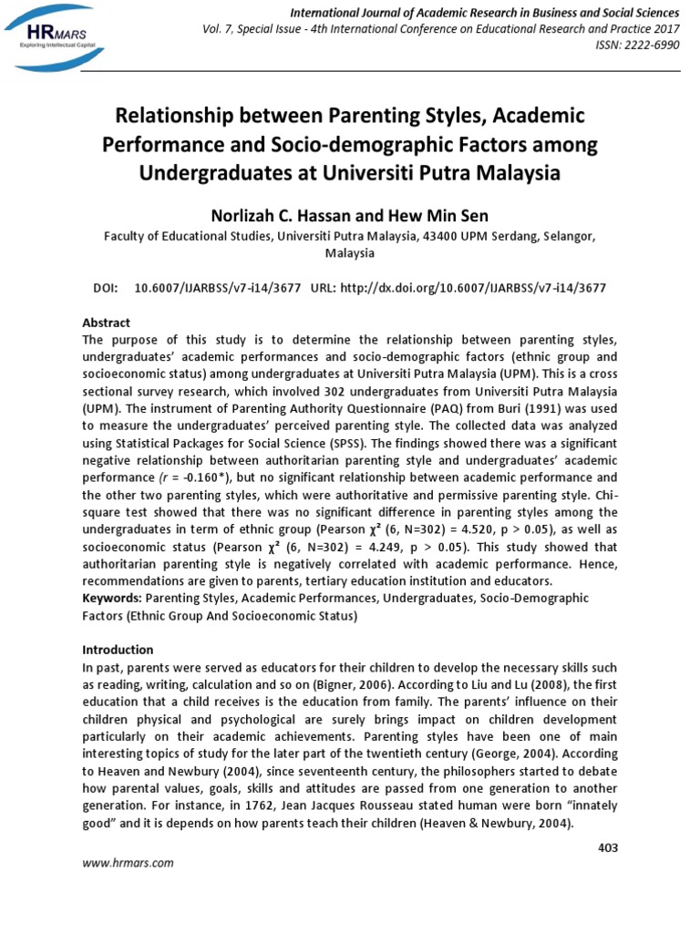 Relationship Between Parenting Styles, Academic Performance and Socio-Demographic Factors Among ...