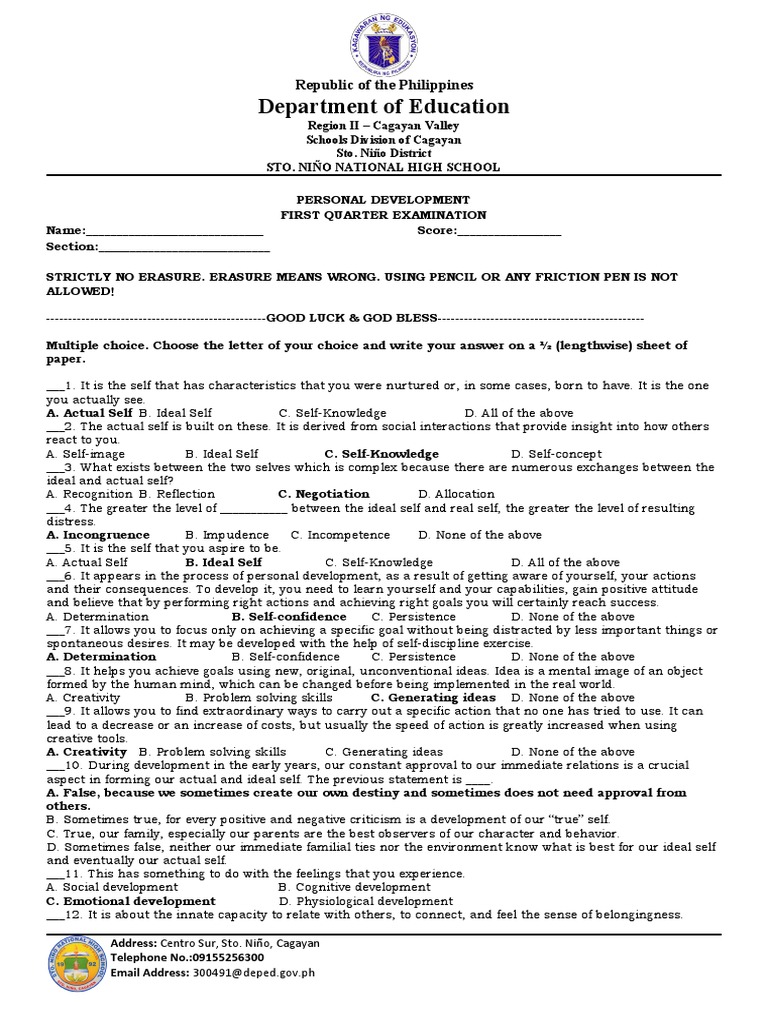 Personal Development Exam Review | PDF | Adolescence | Family