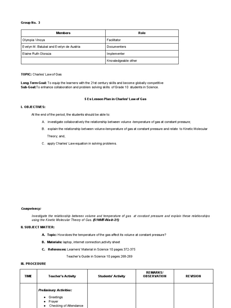 Research Lesson Plan - Gas Laws Jude | PDF | Gases | Temperature
