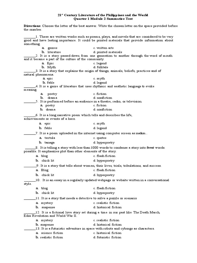 Summative Test Module 2 Q1 21st Century Literature | PDF | Mystery ...