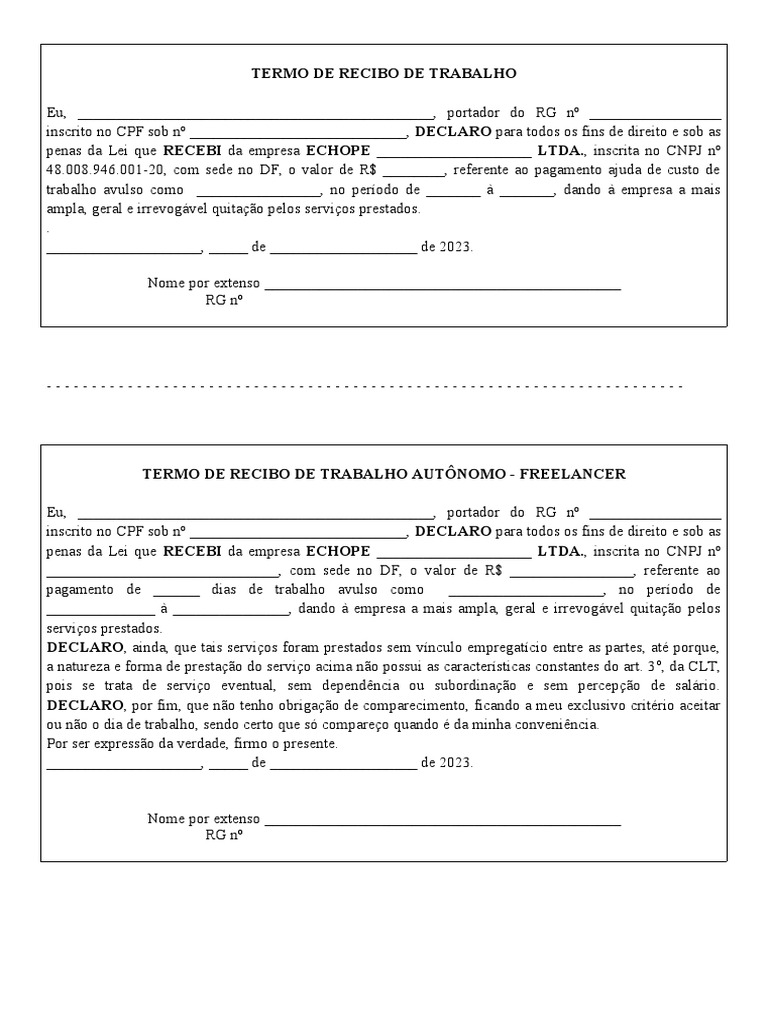 Modelo de Recibo Pagamento Freelancer | PDF