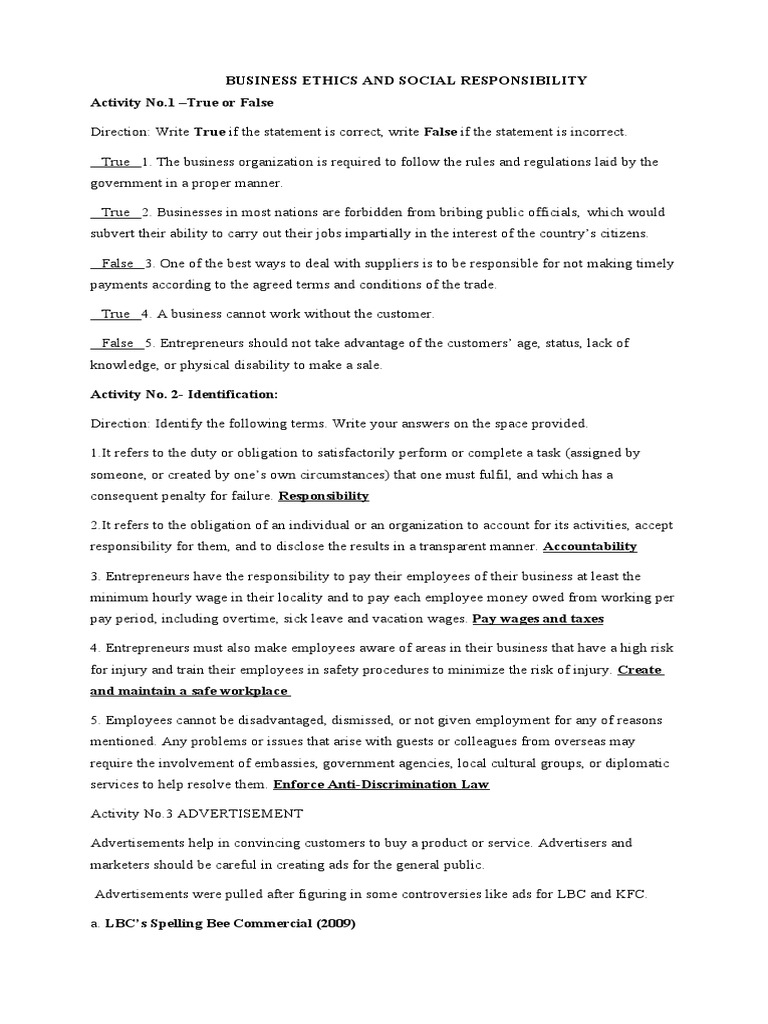 BUSINESS ETHICS AND SOCIAL RESPONSIBILITY-Answer | PDF | Employment | Business Ethics