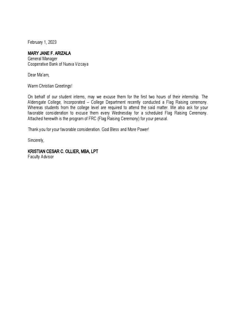 OJT Student Excuse Request Letter | PDF