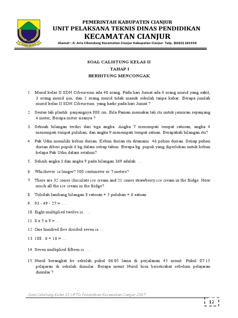 Soal Calistung Kelas II SD Cianjur | PDF