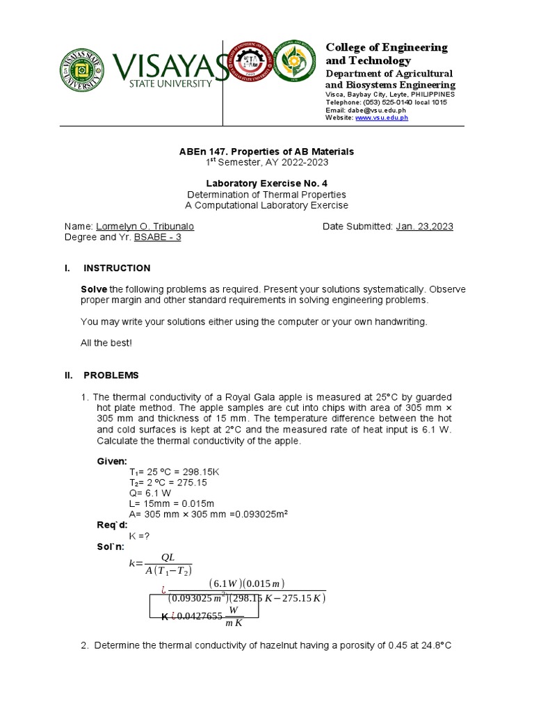 6193d861716d5 Aben 147 Laboratory Exercise No. 4 Determination of Thermal Properties of Ab ...