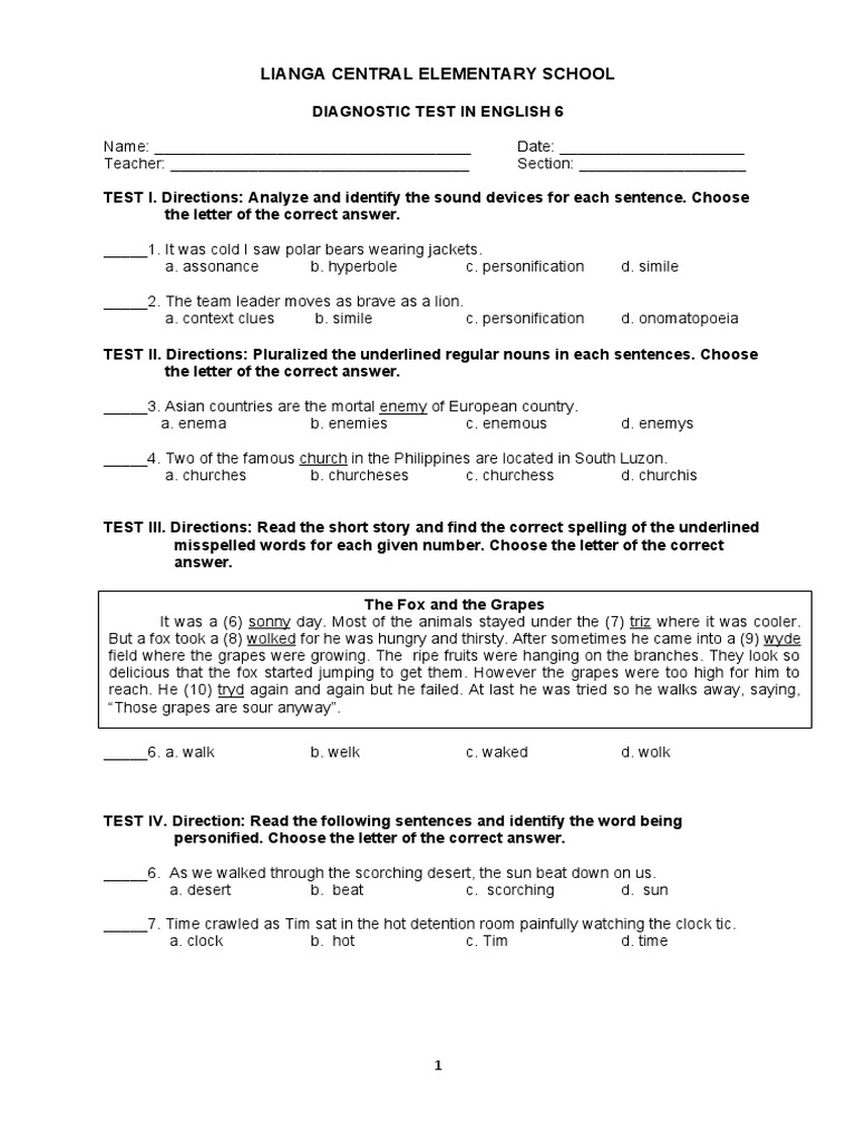 Diagnostic ENGLISH 6 IDD | PDF | Linguistics | Language Mechanics