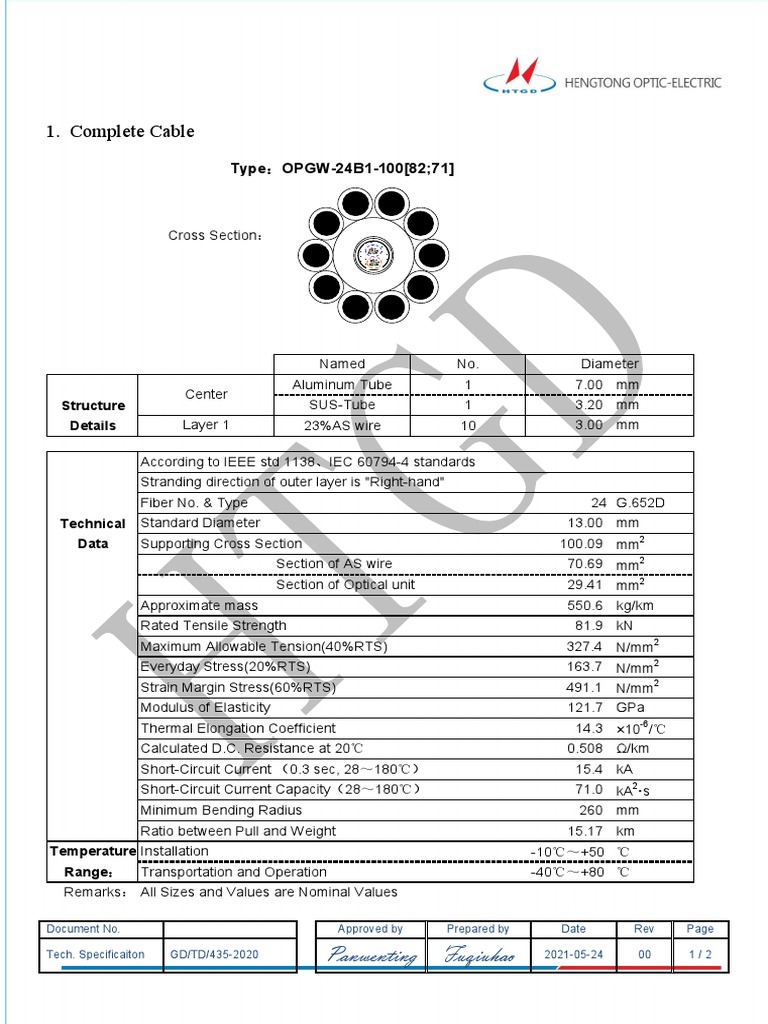 Technical Specification For GD TC435077 2021 OPGW 24B1 100 (82 71 ...