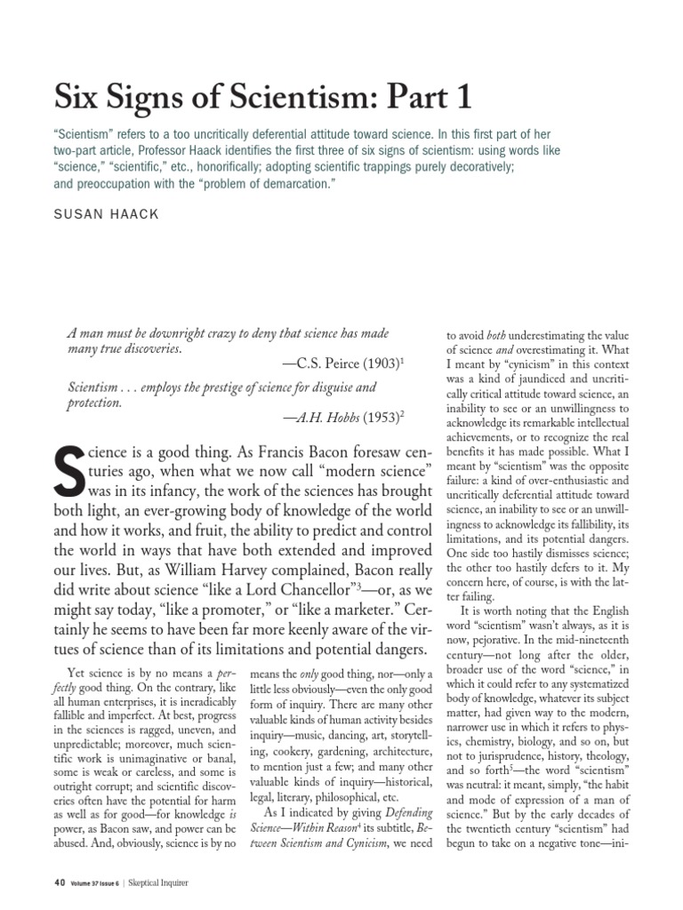 Six Signs of Scientism: Part 1 - Susan Haack | PDF | Science | Falsifiability