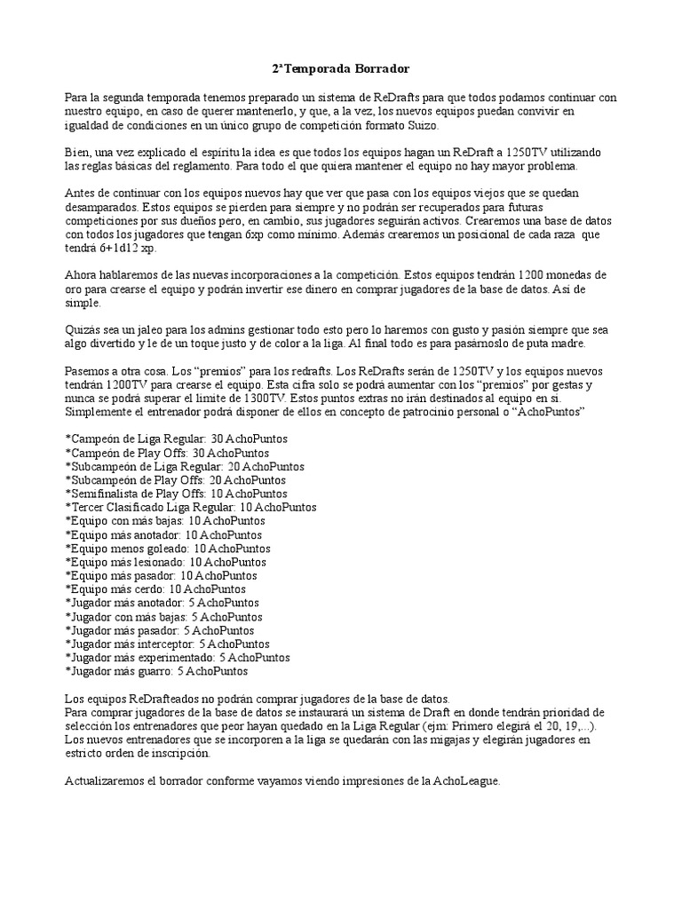 ReDrafts y Nuevos Equipos en AchoLeague | PDF