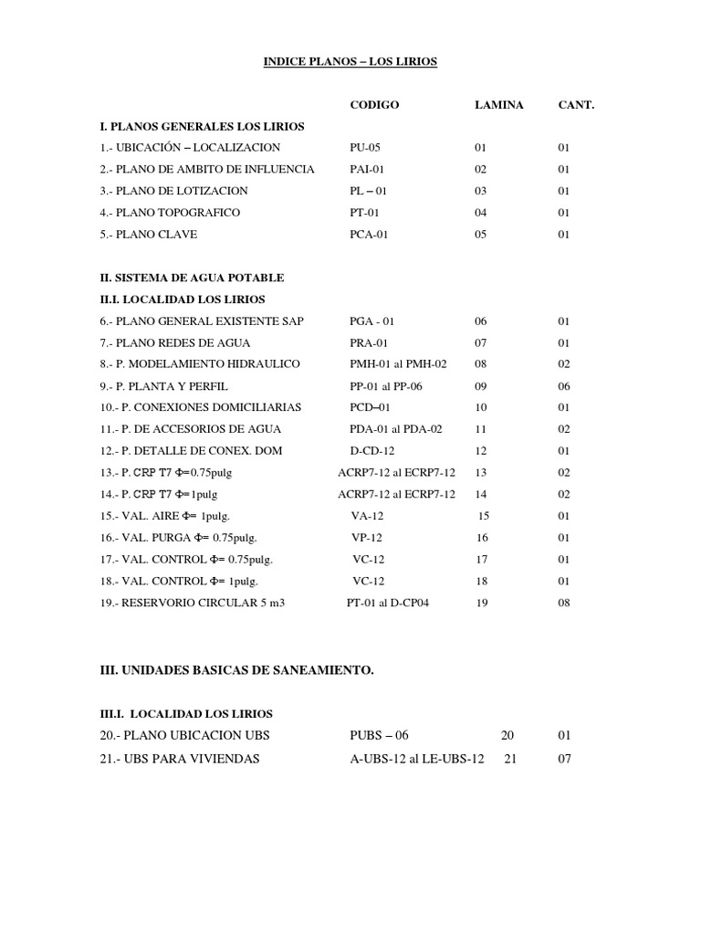 1.-Indice de Planos Los Lirios | PDF