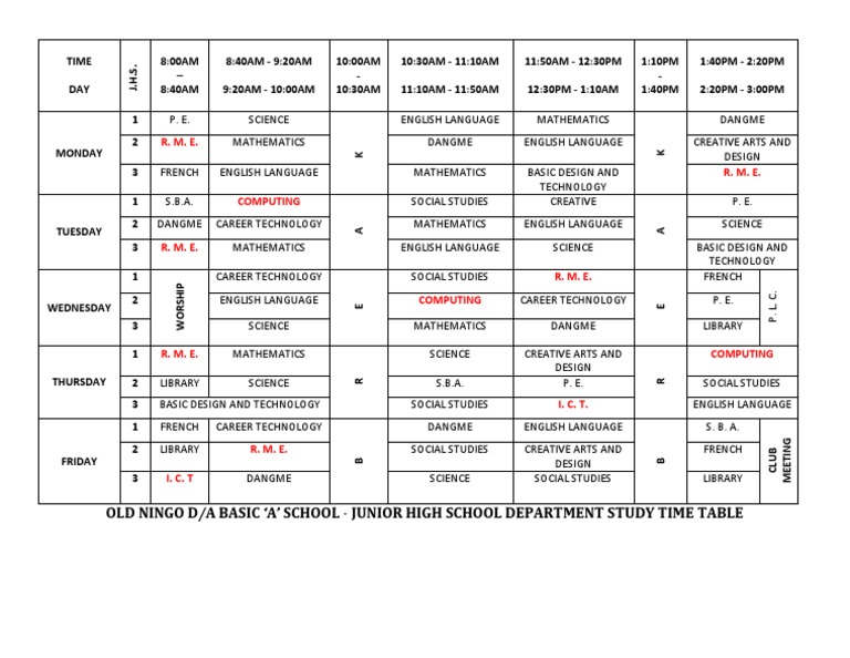 J.H.S. Time Table | PDF