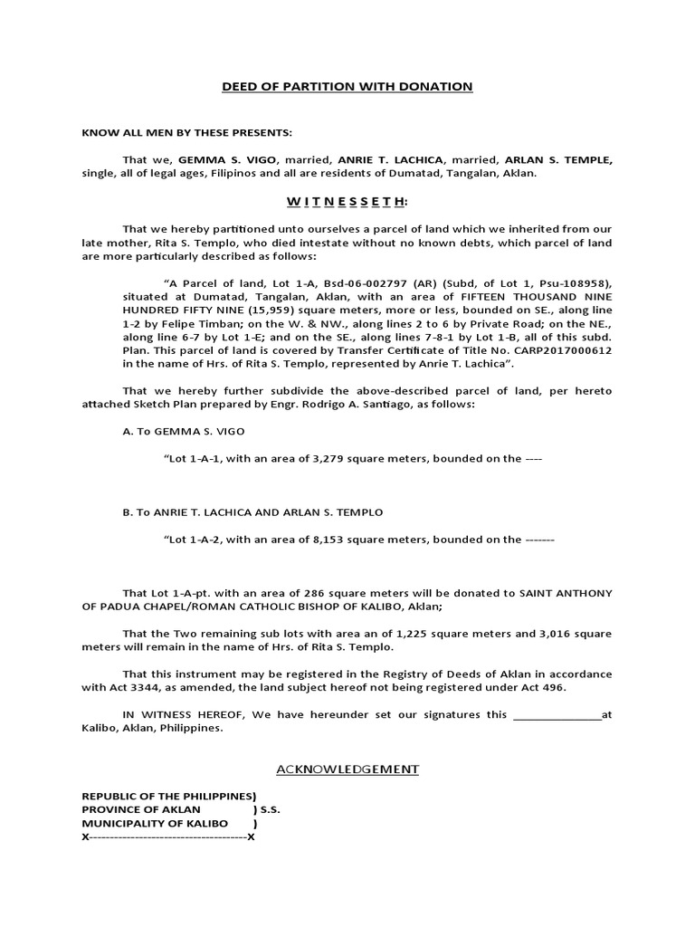 Deed of Partition with Donation | PDF | Property Law | Private Law