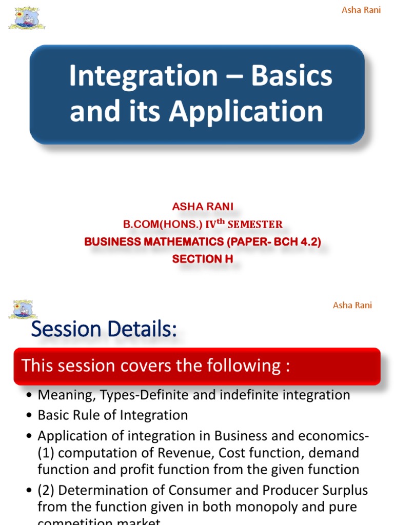 BCom (H) IIyear 4.2 Business Maths Week2 AshaRani | PDF | Integral | Economic Surplus