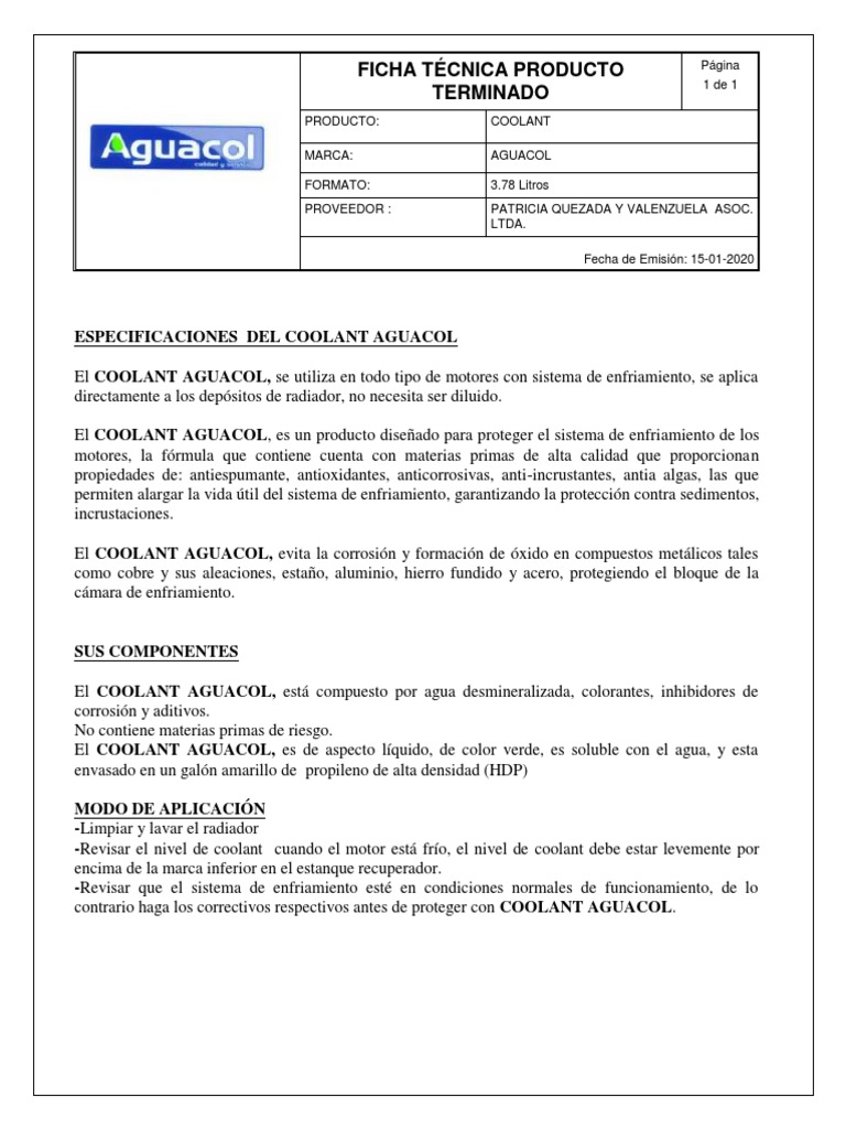 Ficha Tecnica Coolant Aguacol | PDF