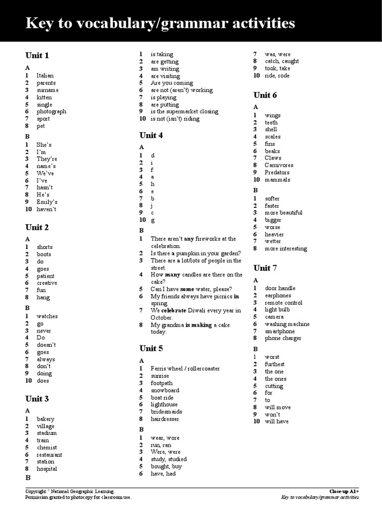 A1+ Extra Vocab and Grammar Key | PDF