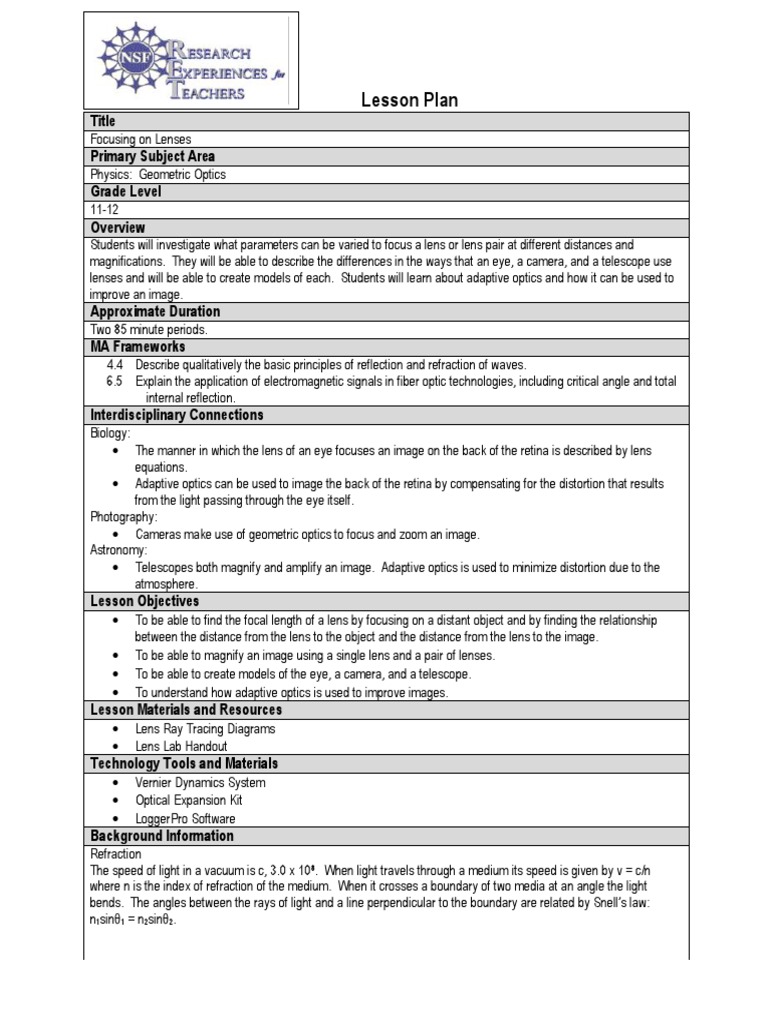 Physics - Geometric-Optics Lesson Plan | PDF | Optics | Refraction