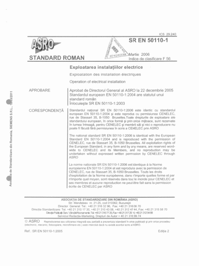 SR EN 50110-1 - 2006 - Exploatarea Inst - El | PDF