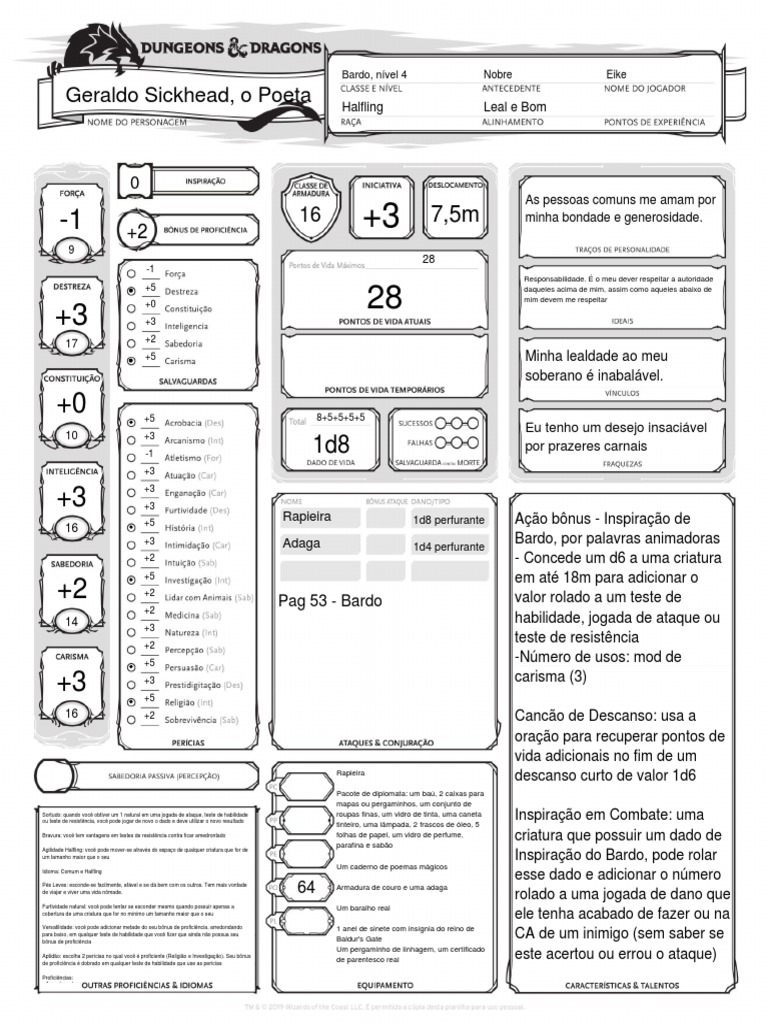 Geraldo, o Bardo (Halfling) (Exemplo Ficha D&D) | PDF