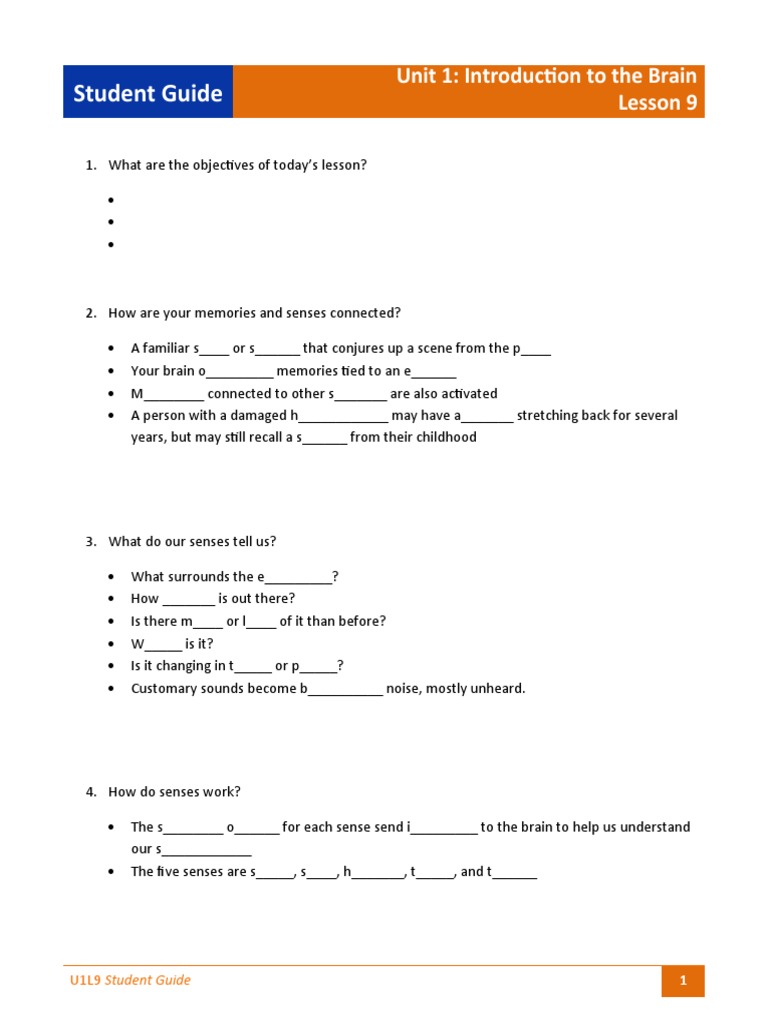 U1L9 Student Guide (1) - 1 | PDF | Senses | Somatosensory System