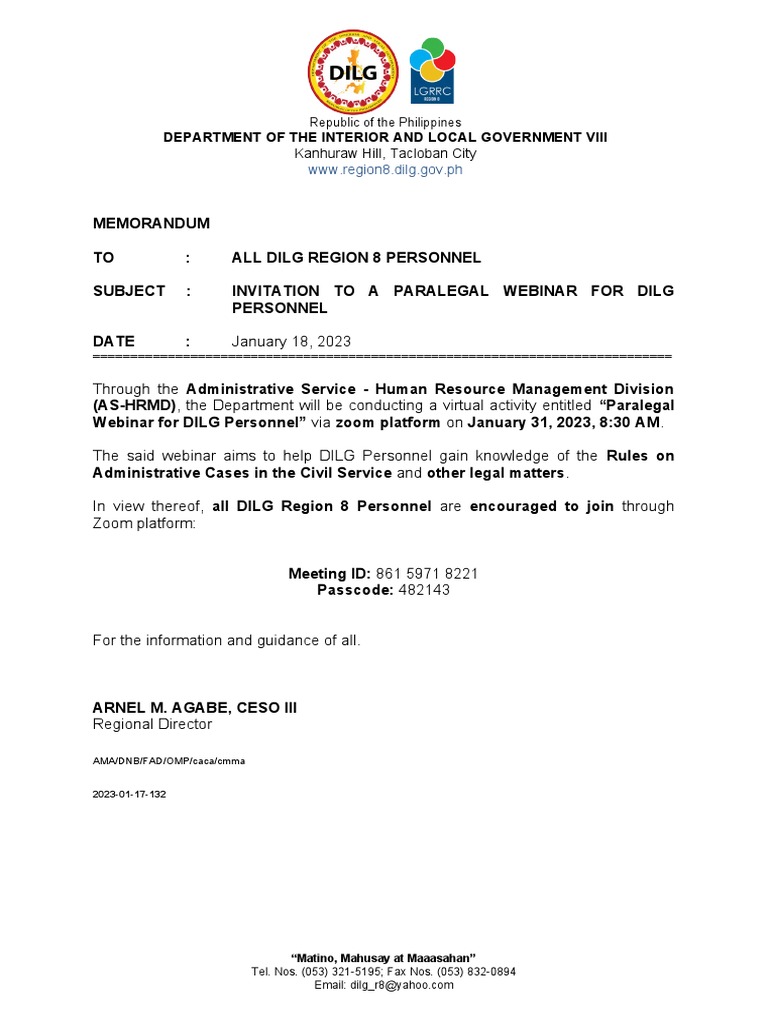Memo - Invitation To A Paralegal Webinar For DILG Personnel | PDF