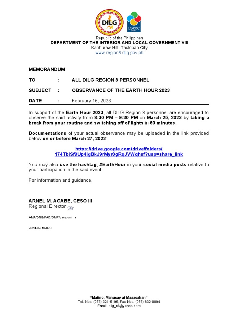 Earth Hour 2023 Participation Memo | PDF | Science & Mathematics