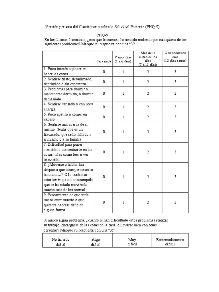 CUESTIONARIO SOBRE LA SALUD DEL PACIENTE PHQ-9 | PDF