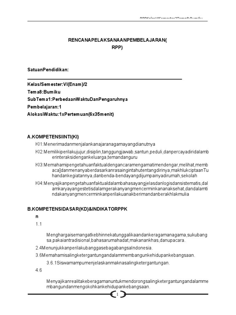 RPP Kelas 6 SD K13 Tema 8. | PDF | Sains & Matematika