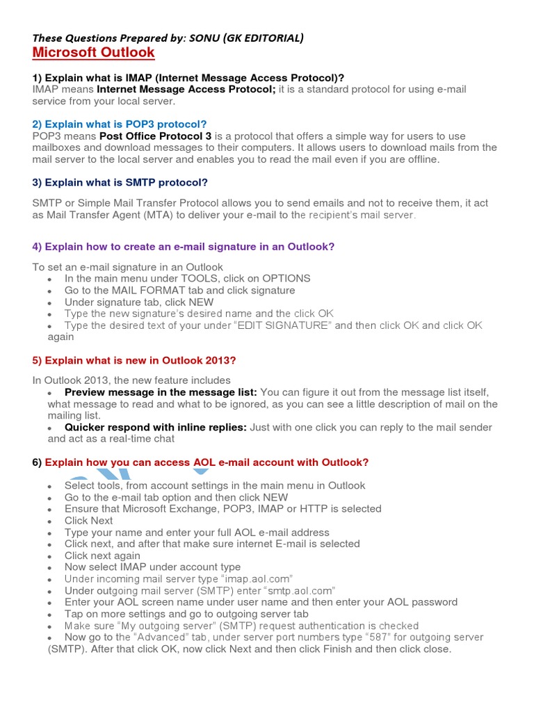 ''Outlook Questions | PDF | Microsoft Outlook | Microsoft Exchange Server