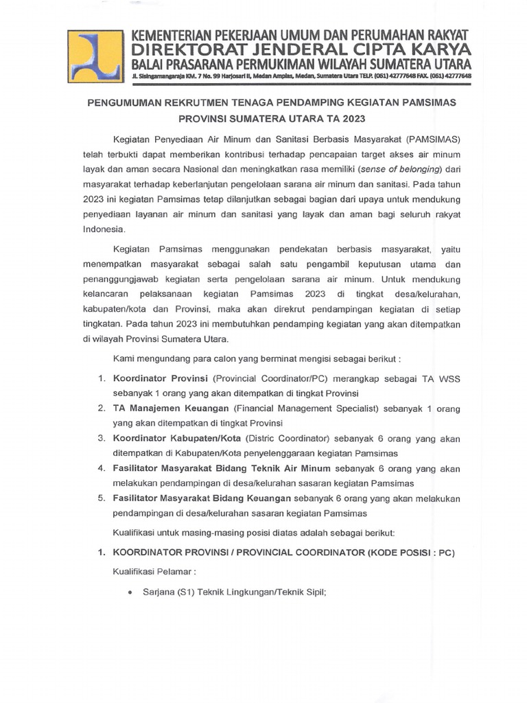 Pengumuman Rekrutmen PAMSIMAS TA. 2023 | PDF