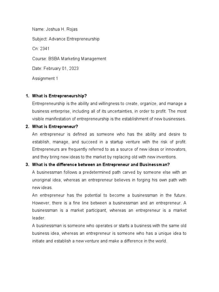 Advance Entrep Assignment 1 | PDF