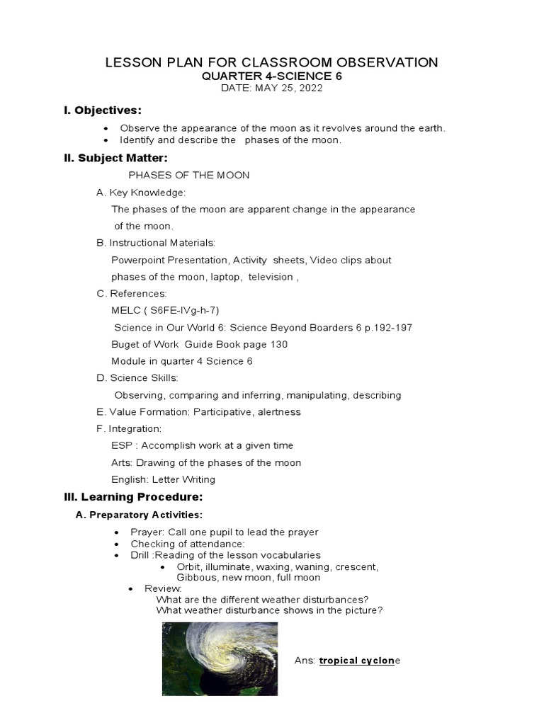 Lesson Plan For Classroom Observation | PDF | Moon | Planetary Science