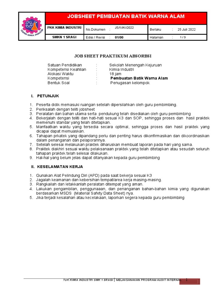 Jobsheet Pembuatan Batik Warna Alam | PDF