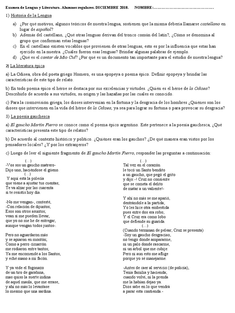 Examen de Lengua y Literatura 4 Año 607 Dic 2018 | PDF | Poesía épica | Poesía