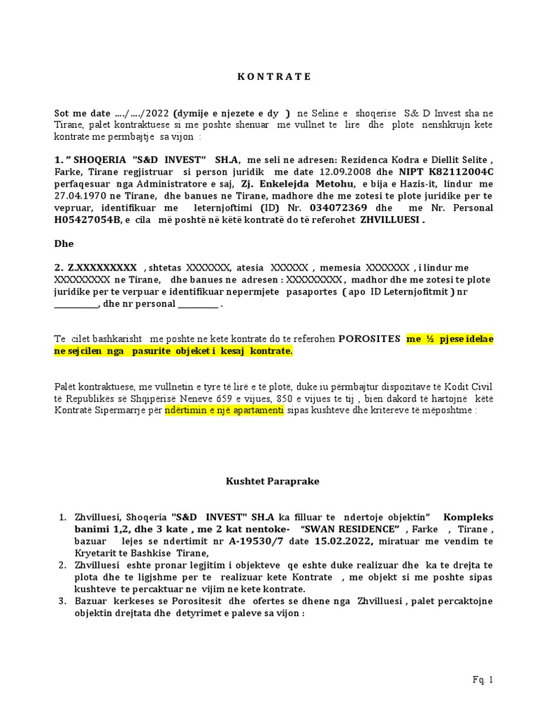 KONTRATE Sipermarrje SWAN Residence Mes Paleve | PDF