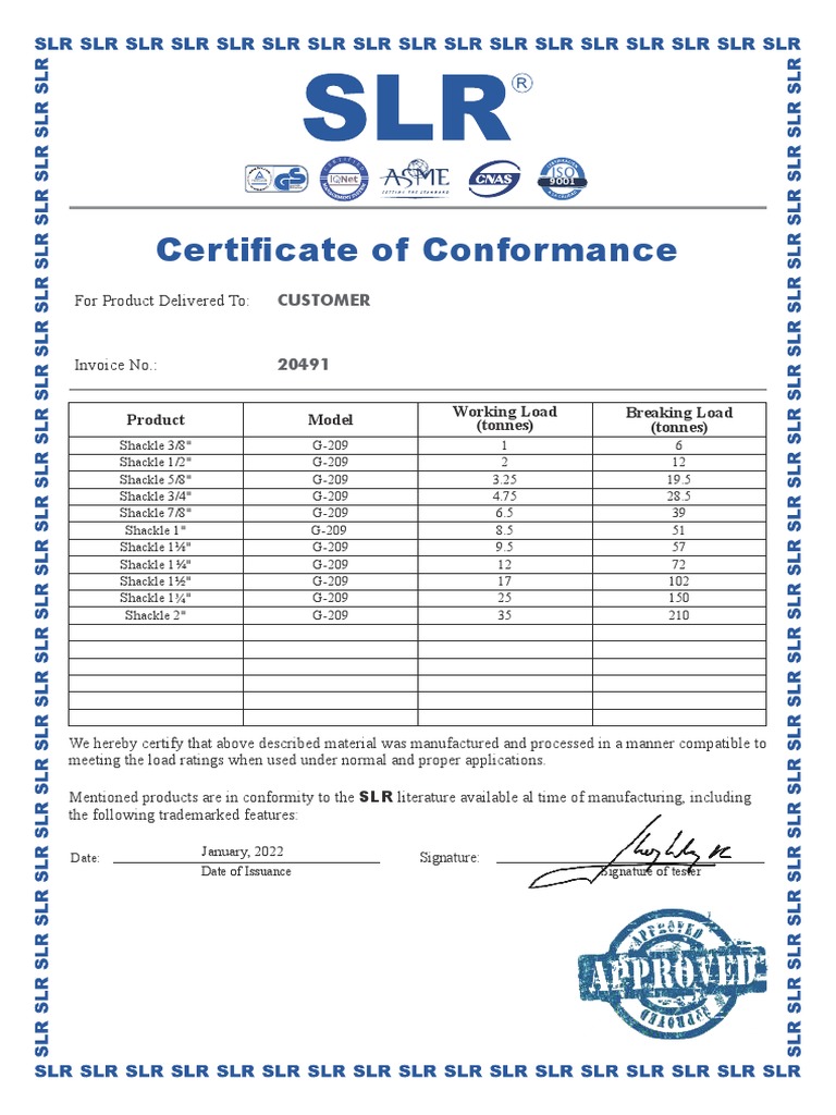 SLR Certificate for Shackles | PDF