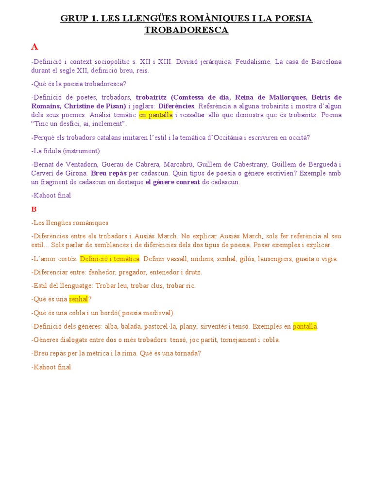 Guia Treball TEMA 1 Poesia Trobadoresca | PDF