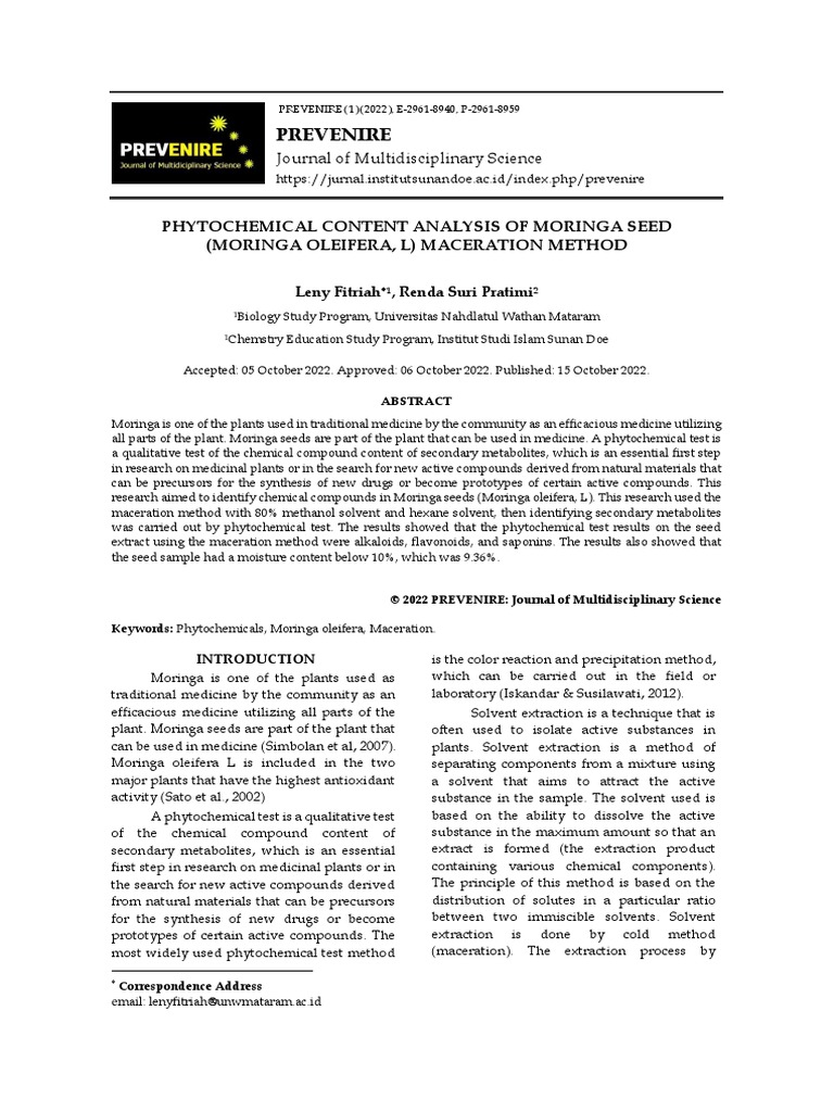 Phytochemical Content Analysis of Moringa Seed (Moringa Oleifera, L) Maceration Method | PDF ...