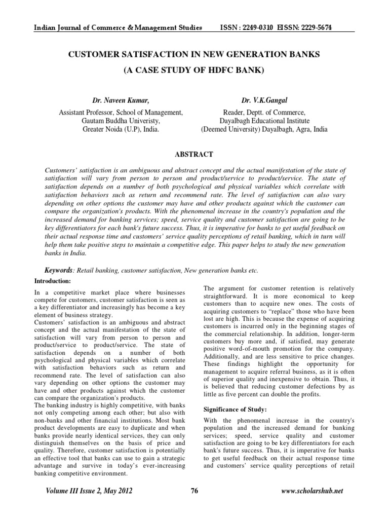 Assessing Customer Satisfaction in New Generation Banks: A Case Study of HDFC Bank | PDF ...