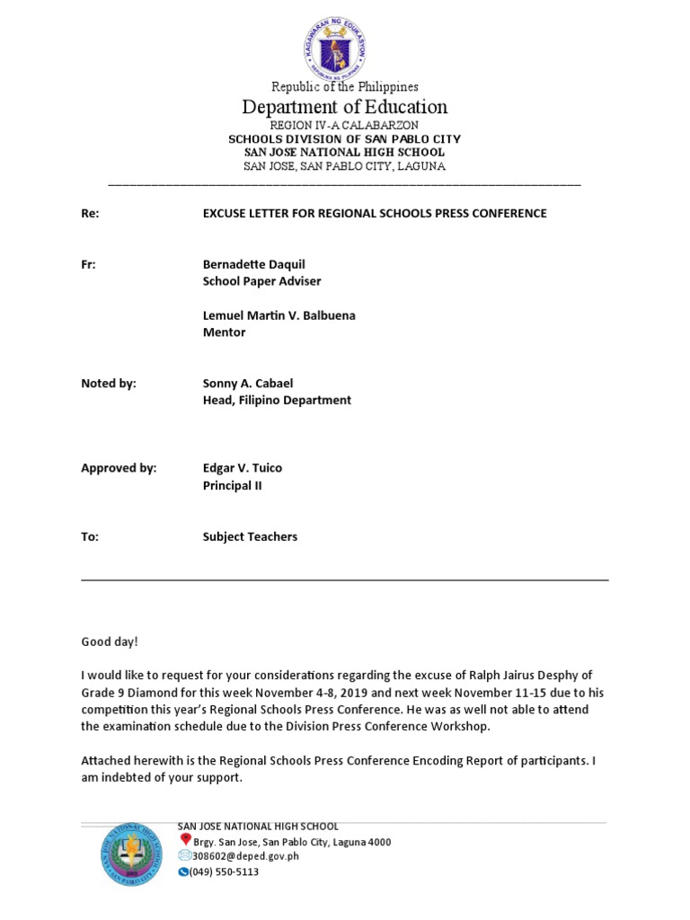Request for Excuse from Classes and Examinations for Student Participating in Upcoming Regional ...