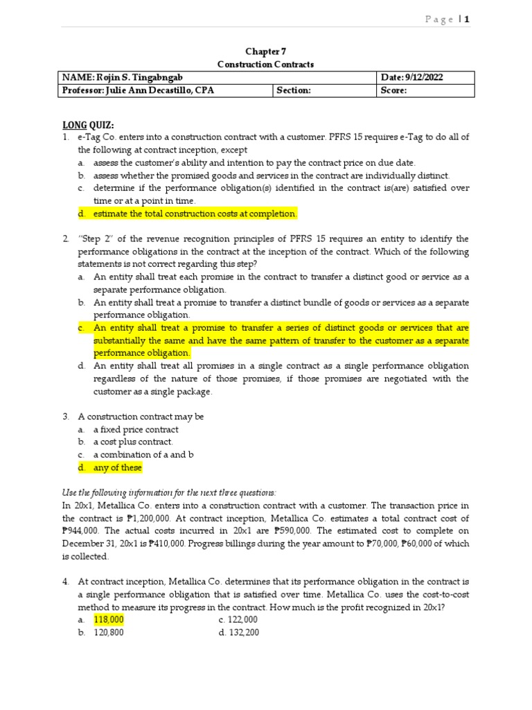 Quiz-Construction Contracts | PDF | Cost | Profit (Economics)